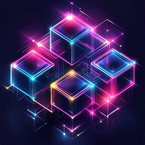 Futuristic Neon Blockchain Concept With Glowing Cubes And Digital Connections Stock Illustration