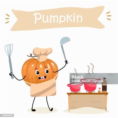재미있는 만화 호박의 벡터 일러스트레이션 스토브와 국자 건강 식품 주방 재료 아이 티셔츠 디자인 할로윈 카드로 부엌에서 요리합니다 10월에 대한 스톡 벡터 아트 및 기타