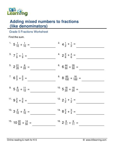 Grade 5 Fractions Worksheet Adding Mixed Numbers To Fractions Like