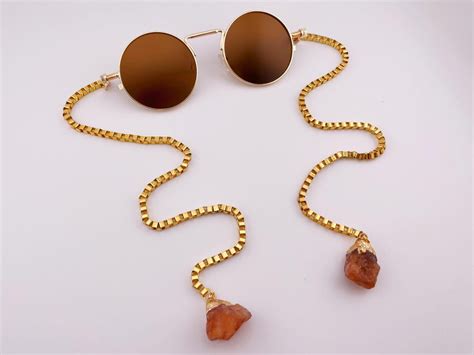 Armless Chain Temple Sunglasses Red Agate Eye Armless Glasses Gold
