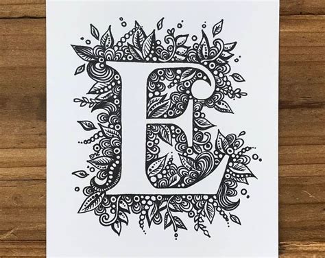 Letter E Illustration Letter E Drawing Monogram Art Typography Art Floral Letter Wall Art
