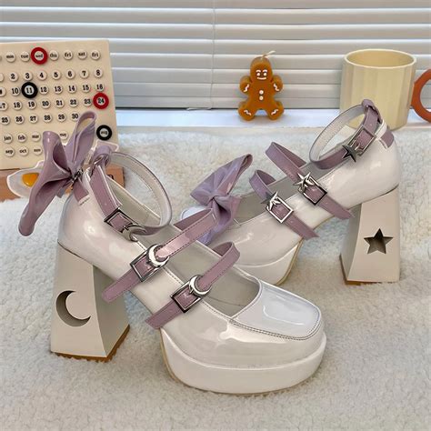 Bow Star Moon Heels Shoes Se22643 Purple And White Heels Kawaii