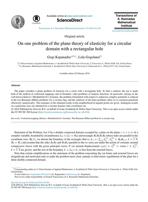 Pdf On One Problem Of The Plane Theory Of Elasticity For A Circular Domain With A Rectangular Hole