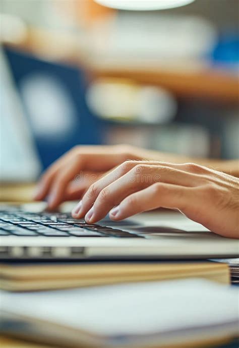 Close Up Hands Typing On Laptop Keyboard Modern High Quality Image Stock Illustration