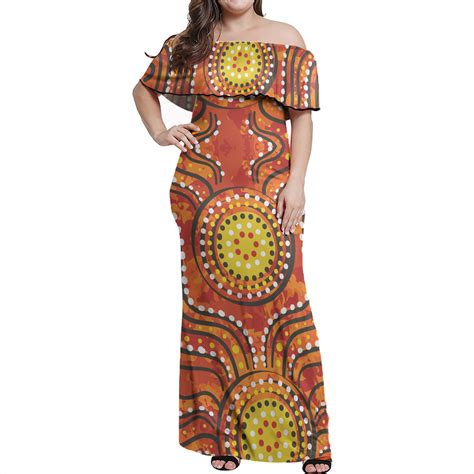 Australia Aboriginal Off Shoulder Long Dress Orange Background With