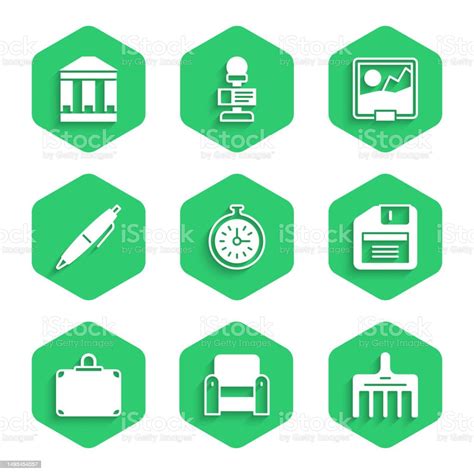 포켓 시계 안락 의자 헤어 브러시 플로피 디스크 여행 가방 펜 그림 및 박물관 건물 아이콘을 설정합니다 벡터 가구에 대한 스톡 벡터 아트 및 기타 이미지 Istock