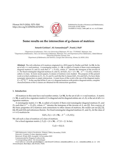 Pdf Some Results On The Intersection Of G Classes Of Matrices