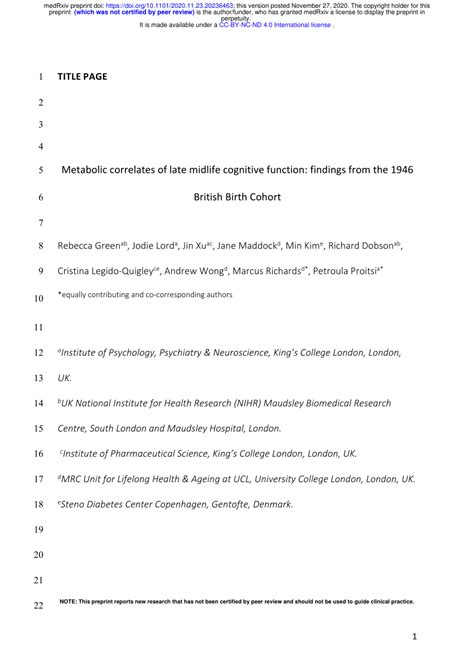 Pdf Metabolic Correlates Of Late Midlife Cognitive Function Findings From The 1946 British