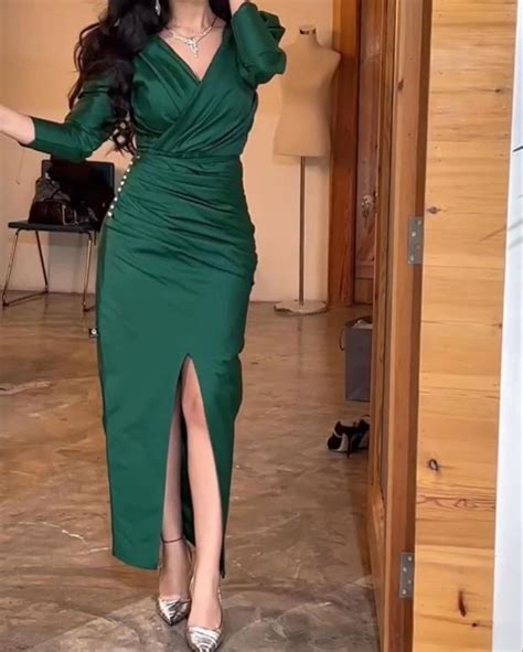 فستان اخضر Evening Dresses With Sleeves Silk Dress Long Arab Dress
