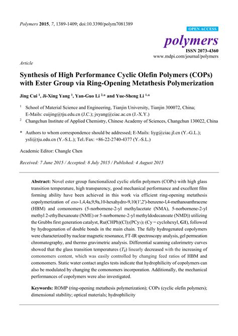 Pdf Synthesis Of High Performance Cyclic Olefin Polymers Cops With