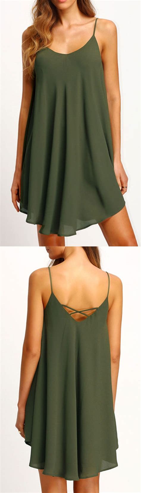 Army Green Asymmetrical Criss Cross Back Spaghetti Strap Sundress