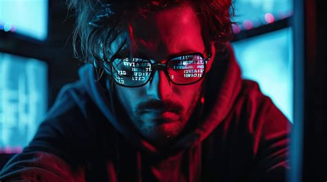 premium photo the image portrays a hacker with glowing glasses