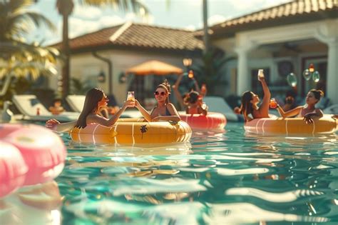 Premium Photo Friends Having A Pool Party On A Hot Summer Day Oc
