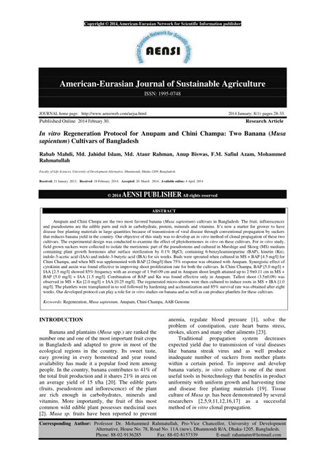 Pdf In Vitro Regeneration Protocol For Anupam And Chini Champa Two Banana Musa Sapientum