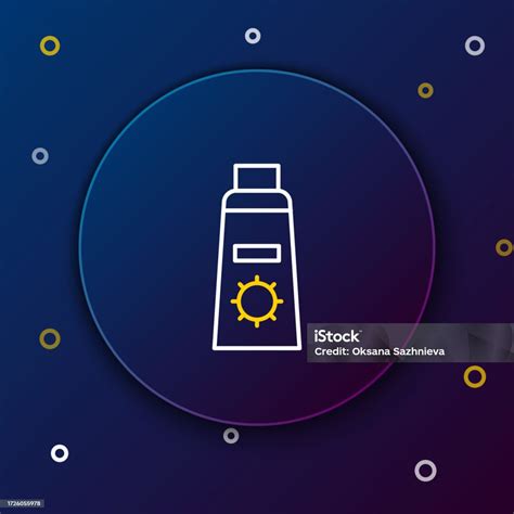 라인 자외선 차단제 크림은 파란색 배경에 분리된 튜브 아이콘에 있습니다 태양 자외선으로부터 피부를 보호합니다 다채로운 개요