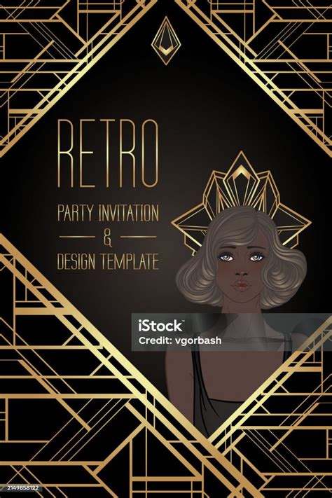 복고풍 패션 20 대의 글래머 소녀 아프리카계 미국인 여성 벡터 일러스트 레이 션입니다 플래퍼 20 년대 스타일 빈티지 파티 초대장 디자인 템플릿입니다 1920 1929