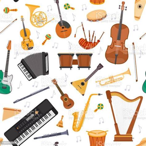 플랫 악기와 노트와 원활한 패턴 현 타악기 및 풍력 기기 만화 음악 벡터 배경 음악에 대한 스톡 벡터 아트 및 기타 이미지 음악 음악가 피아노 건반 Istock