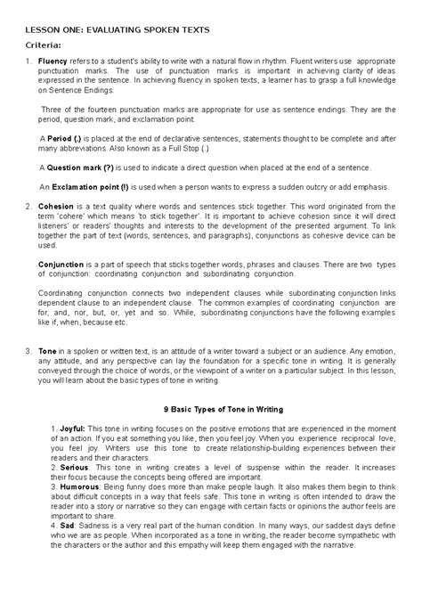 evaluating spoken text lesson one evaluating spoken texts criteria