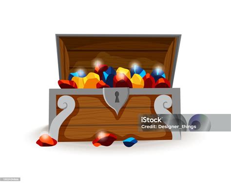 보물 상자 등색 만화 금화와 보석으로 가득 한 나무 오픈 박스 해적 상자에 귀중한 보물 크리스탈 보석과 황금 동전 게임 사용자