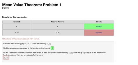 Solved Mean Value Theorem Problem 1 1 Point Results For