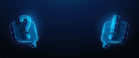 물음표와 느낌표가 로우 폴리 스타일의 채팅 거품 위에 떠 있는 추상 그림입니다 와이어프레임 연결 구조에 의한 Faq 및 기술 전문가 지원 개념을 묘사하는 파란색 기하학적