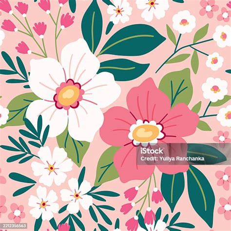 완벽 한 꽃 무늬 분홍색 필드에 큰 손으로 그린 식물의 귀여운 Ditsy 인쇄 데이지 꽃 나뭇잎 봄 초원 벡터 일러스트 레이 션 0명에 대한 스톡 벡터 아트 및 기타 이미지