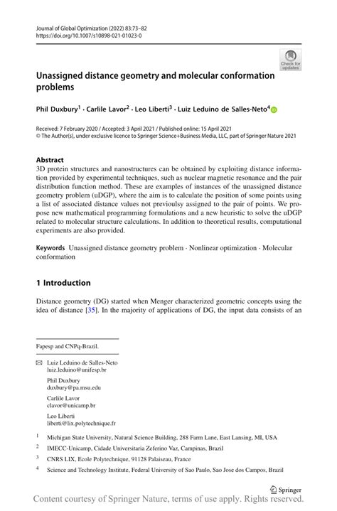 Unassigned Distance Geometry And Molecular Conformation Problems Request Pdf