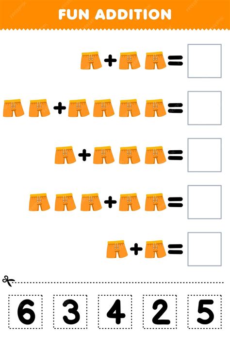 어린이를 위한 교육 게임은 만화 착용할 수 있는 옷 주황색 바지 인쇄용 워크시트에 대한 올바른 번호를 잘라서 일치시킵니다 프리미엄 벡터
