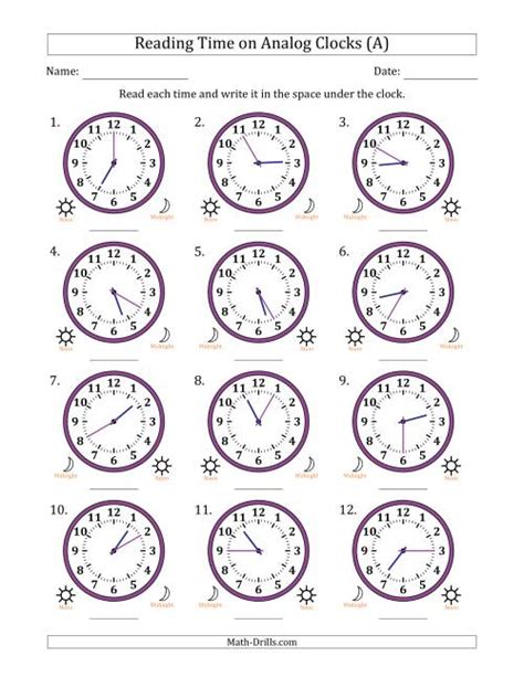 Reading Time On 12 Hour Analog Clocks In 5 Minute Intervals A
