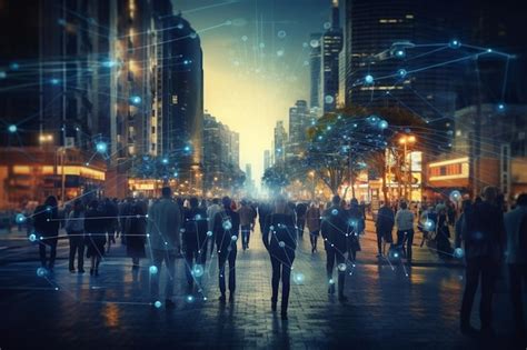 Premium Ai Image Crowd Of Business People Tracked With Technology Walking On Busy Urban City