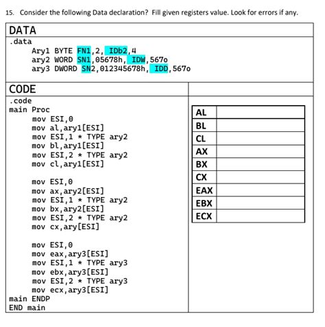 Consider The Following Data Declaration Fill Given Registers Value