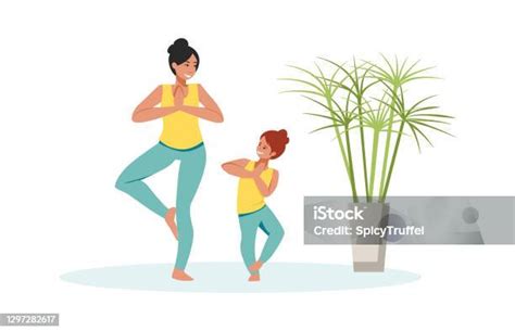 가족 장면 어머니와 딸이 요가 엄마와 어린 소녀가 함께 시간을 보내고 아스타나와 명상 부모와 어린 시절 개념 만화 벡터 고립 된 캐릭터를하고 요가에 대한 스톡 벡터 아트 및