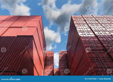 Lots Of Long Cargo Containers Stacked At The Terminal Port For Import Export Business Logistics