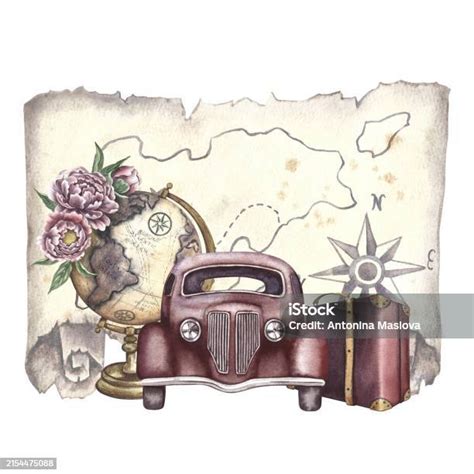 복고풍 자동차와 지구의 골동품 지구본 오래된 지도와 여행 가방 손으로 만든 수채화 일러스트 빈티지 여행 배너 전단지 포스터용