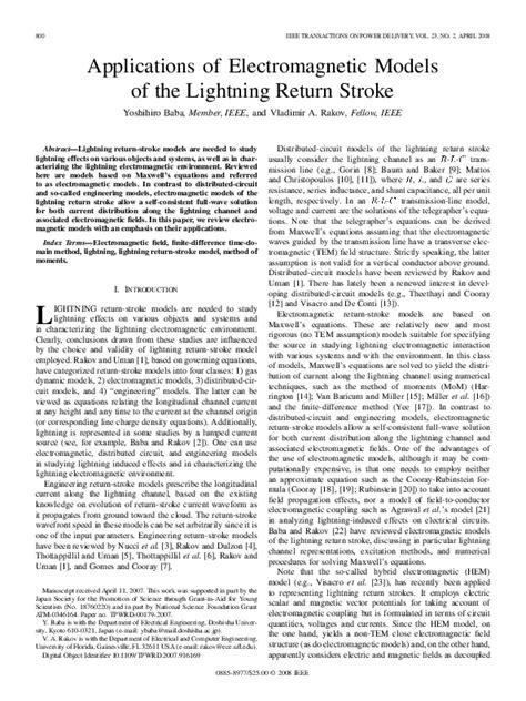Pdf Applications Of Electromagnetic Models Of The Lightning Return Stroke
