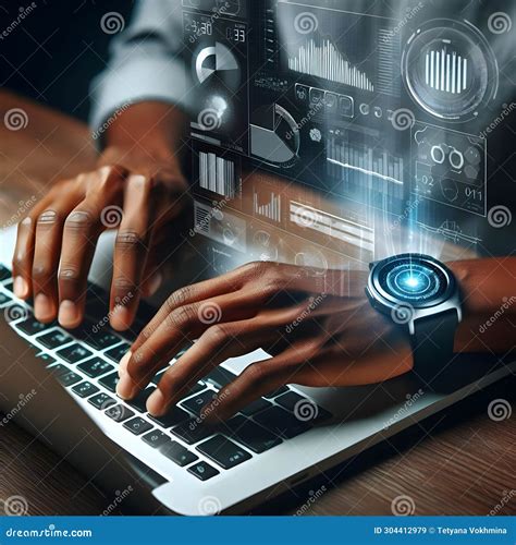 Close Up Of Hands Typing On A Keyboard With Futuristic Holographic Data