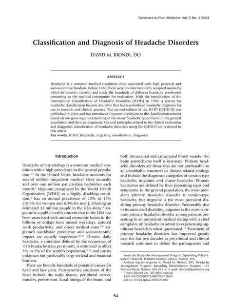 Pdf Classification And Diagnosis Of Headache Disorders Dokumen Tips
