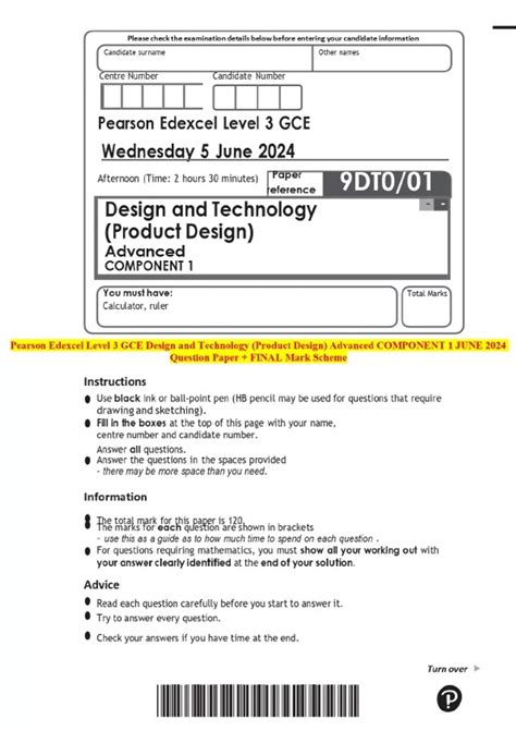 Pearson Edexcel Level 3 Gce Design And Technology Product Design Advanced Component 1 June