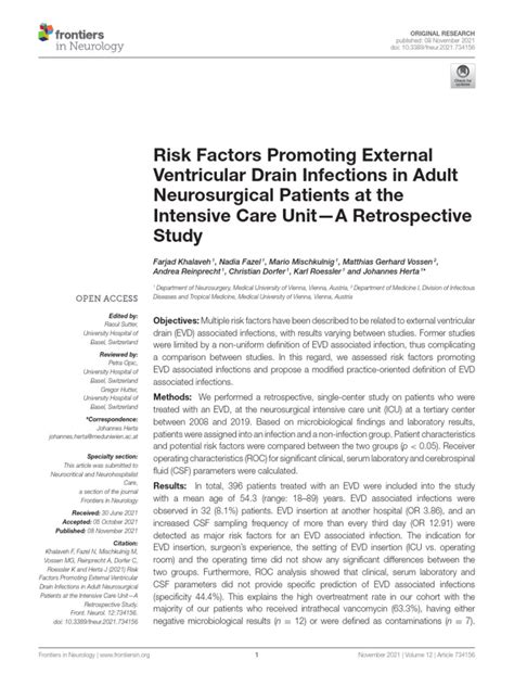 2021 Risk Factors Promoting External Ventricular Drain Infections In Adult Neurosurgical