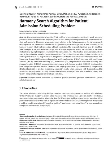 Pdf Harmony Search Algorithm For Patient Admission Scheduling Problem