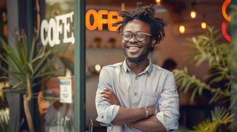 Cheerful Cafe Owner Welcomes Guests Premium Ai Generated Image