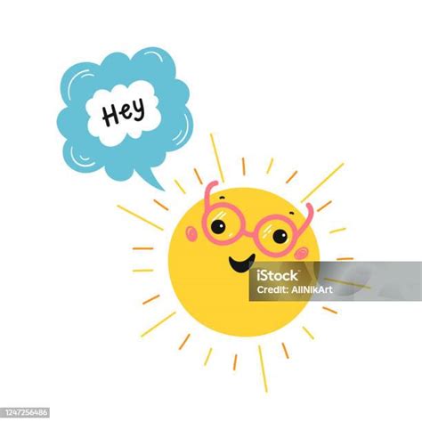 만화 귀여운 태양과 헤이 슬로건과 음성 거품 안경 벡터 일러스트와 낙서 재미 태양 얼굴 스칸디나비아 프린트 또는 포스터 디자인 구름에 대한 스톡 벡터 아트 및 기타 이미지