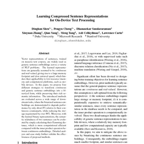 Learning Compressed Sentence Representations For On Device Text