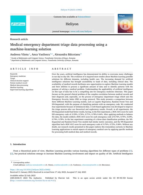 Pdf Medical Emergency Department Triage Data Processing Using A Machine Learning Solution