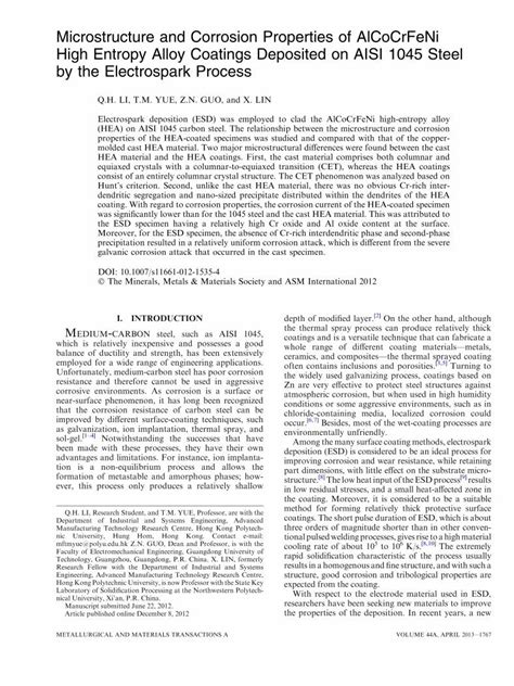 Pdf Microstructure And Corrosion Properties Of Alcocrfeni High Entropy Alloy Coatings