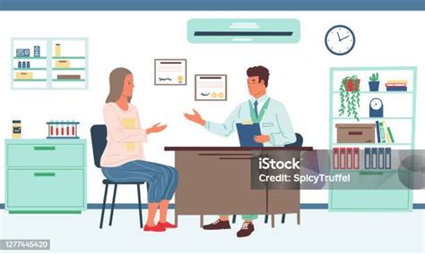 환자 상담 의사 약속 및 검사 만화 방문 의사 또는 심리학자 의료 진료 현장 전문 사무실 인테리어 직업 벡터 플랫 일러스트 방문에 대한 스톡 벡터 아트 및 기타 이미지