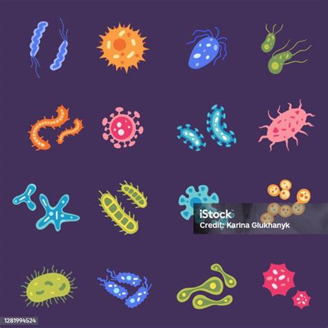 플랫 바이러스 및 미생물 일러스트레이션의 벡터 컬렉션 박테리아 아이콘 세트 다채로운 만화 아메바스와 바실러스 미생물의 아름다운 컬렉션 감기와 독감에 대한 스톡 벡터 아트 및