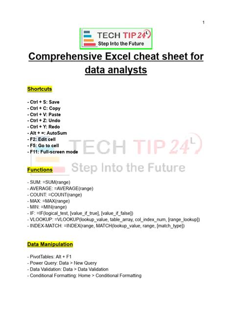 excel cheatsheet pdf data analysis computing