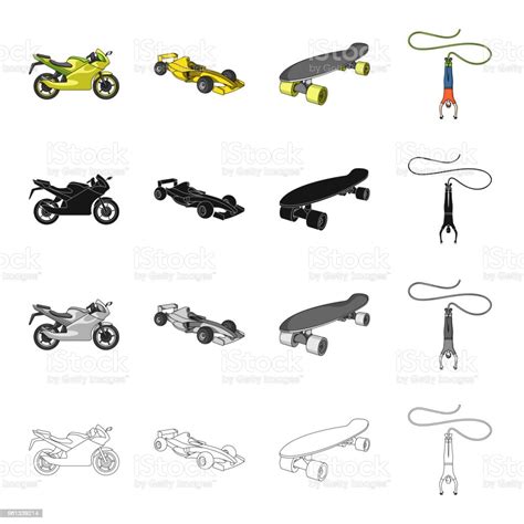 스포츠 자전거 자동차 스케이트 보드 익스트림 점프 경주 익 스 트림 스포츠 만화 블랙 단색 개요 스타일 벡터 기호 재고 아이소메트릭 일러스트 웹 컬렉션 아이콘을 설정합니다