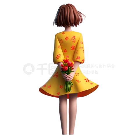 红色花朵ai数字艺术 3d手绘唯美背影女孩人物元素3d渲染卡通风格成年女性背影手捧红色花朵黄色连衣裙插画 Ai立体元素免费下载 Png格式 2048像素 编号71642448 千图网